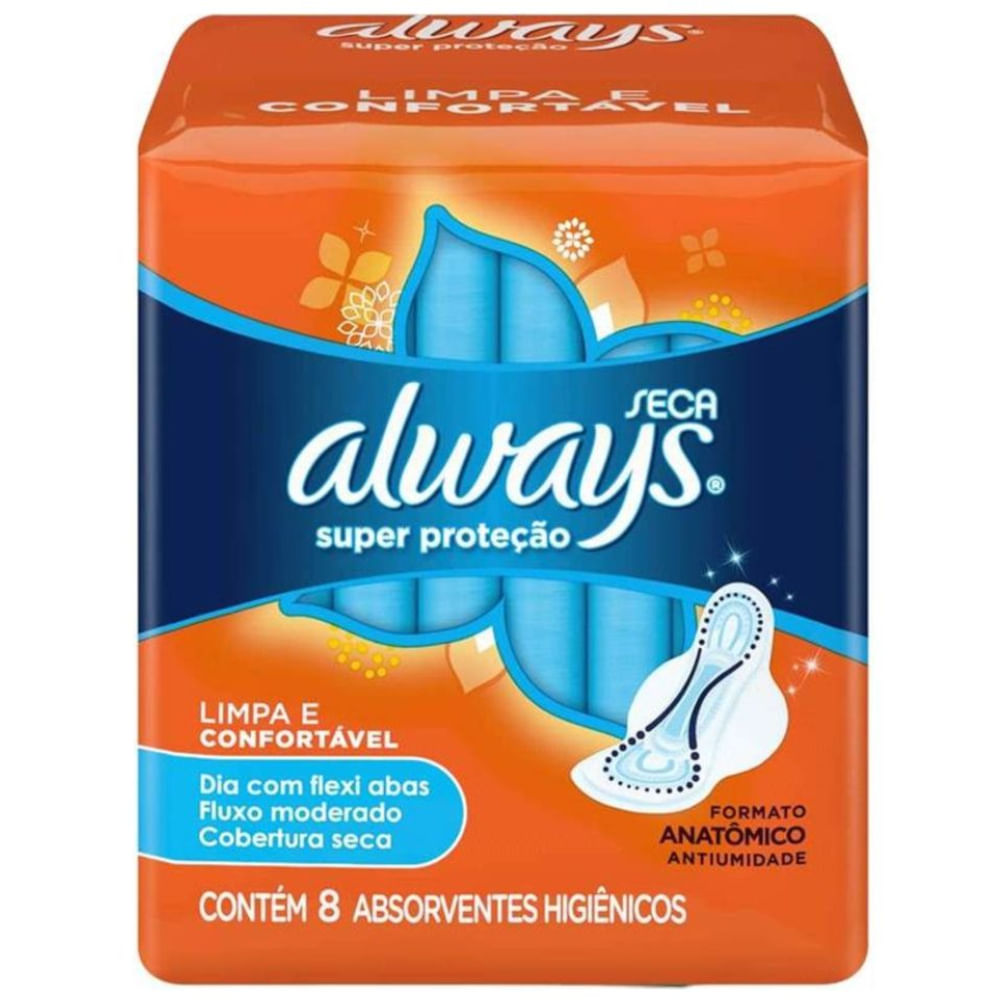Absorvente super proteção com abas cobertura seca com 8 unidades Always ...